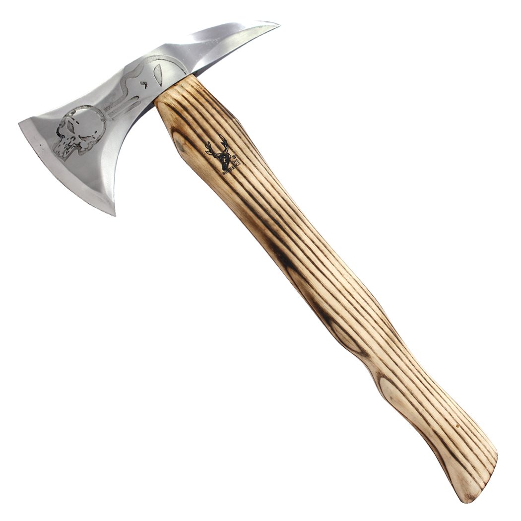 18" Throwing Axe Ash Wood Handle Skull Design Silver Blade With Sheath ...